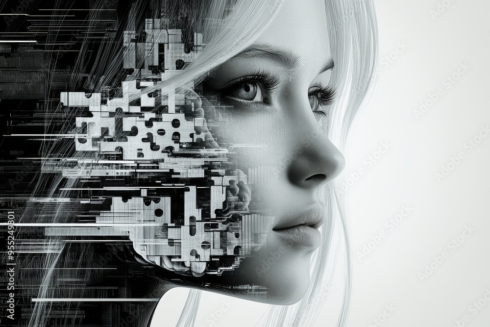 Cognitive connectivity power of thought Abstract face of a woman with digital blocks symbolizing ...