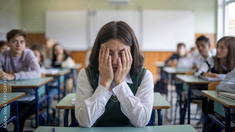A scared student girl in a classroom with other students in class. Social anxiety disorder ...