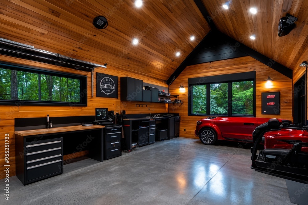 Garage multi-purpose functionality is captured in a realistic photo of ...