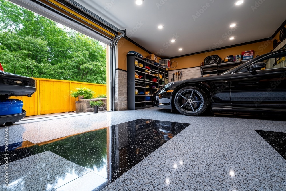 Garage storage solutions are captured in a realistic photo of a well ...