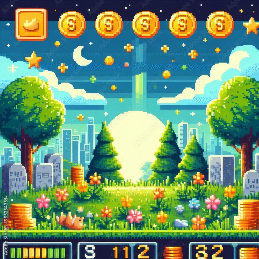 Pixel game art win background. Retro 8 bit video games screen, computer game victory with coins ...