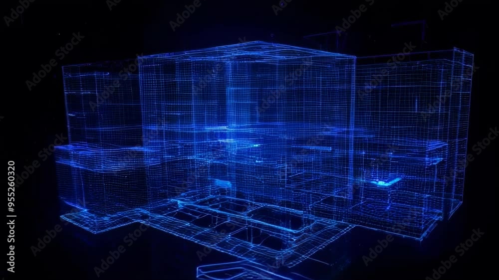 An animated 3D hologram represents a digital environment with ...