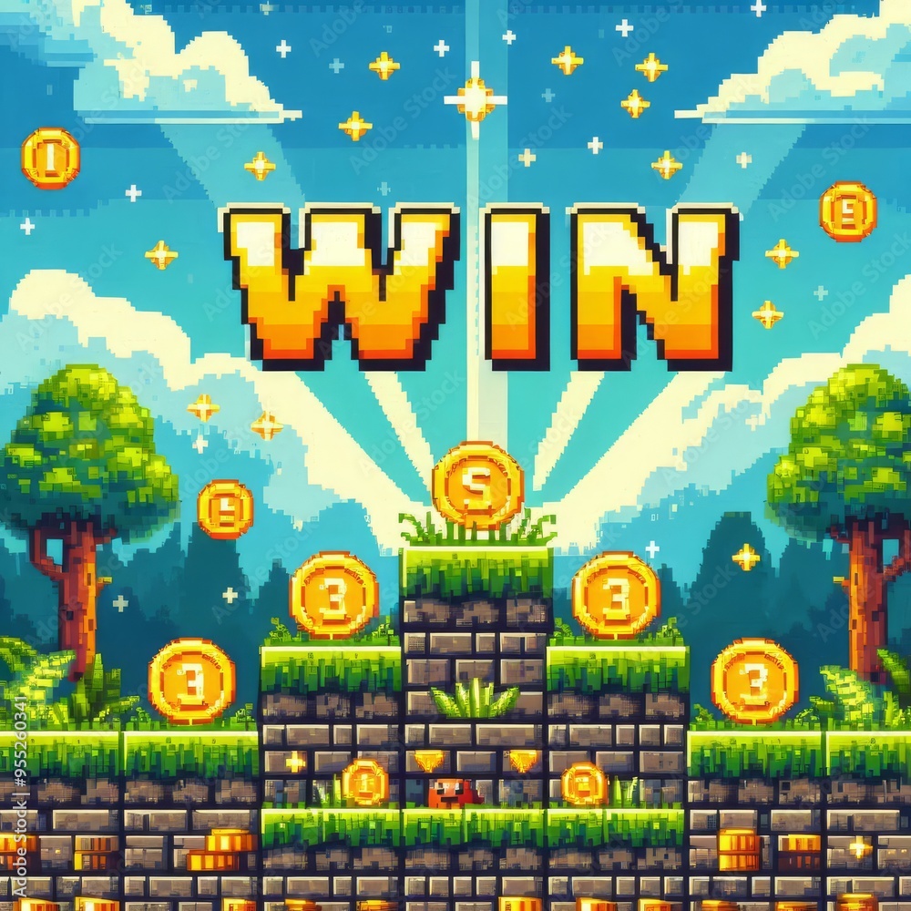 Pixel game art win background. Retro 8 bit video games screen, computer ...