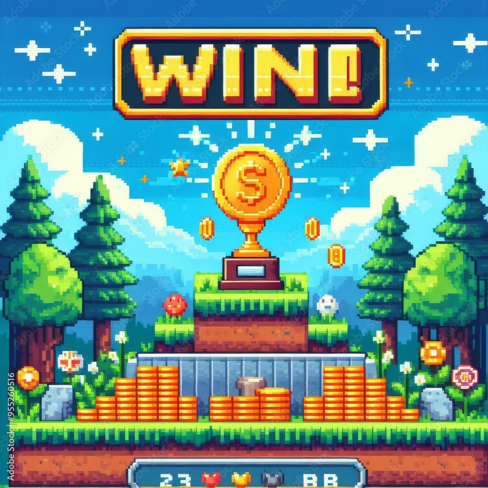 Pixel game art win background. Retro 8 bit video games screen, computer game victory with coins ...