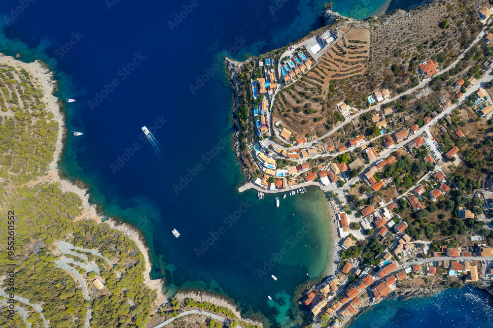 Drone aerial view of Greek village of Asos on the west coast of the ...