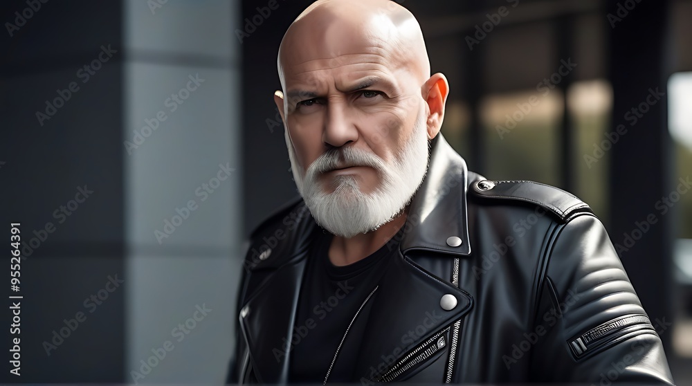 tough senior white man gray beard partially bald wearing black leather ...