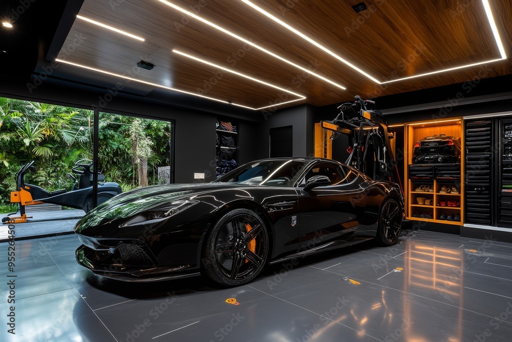 Multi-purpose garage space is captured in a realistic photo of a garage ...