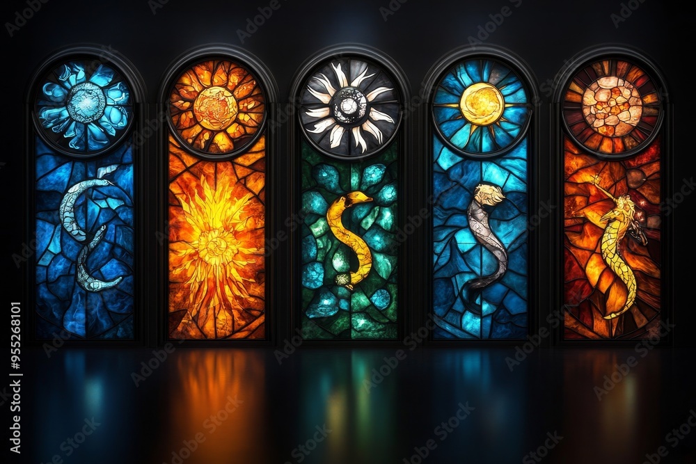 Zodiac signs as stained glass art, captured in an artwork where each ...
