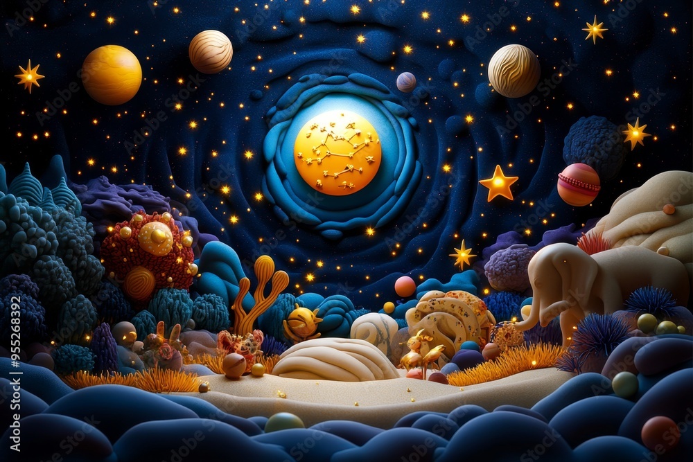 Zodiac signs in a celestial celebration, illustrated in a vibrant scene ...