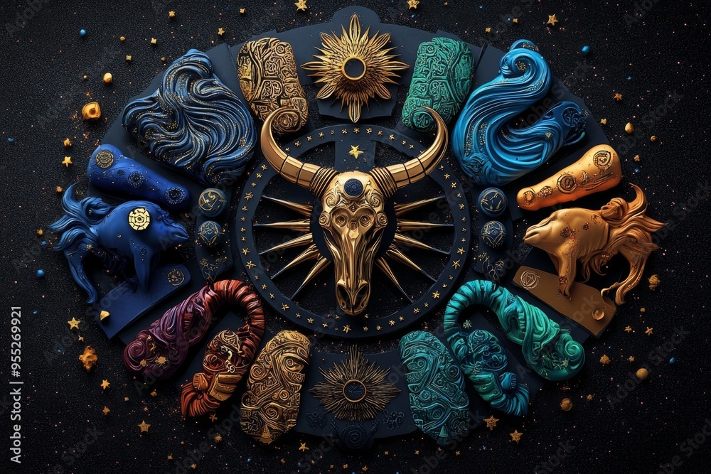 Zodiac signs in a cultural fusion, captured in an artwork where each ...