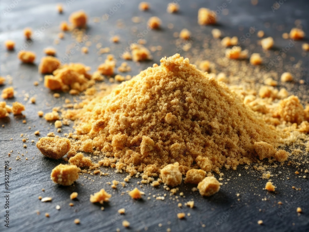 Golden brown granulated substance spread on a dark surface, showcasing ...