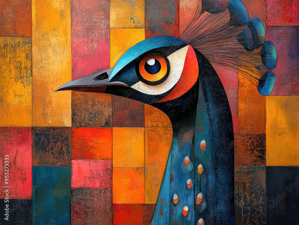 An abstract art piece of a peacock, using bold colors and geometric ...