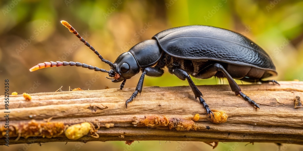 On a stick, a solitary black beetle surveys its dominion, its matte ...