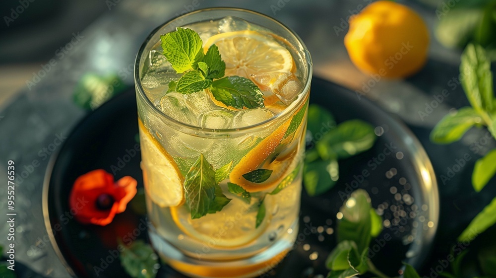 Sunlit lemon mint lemonade with poppy flower closeup image. Dark plate ...