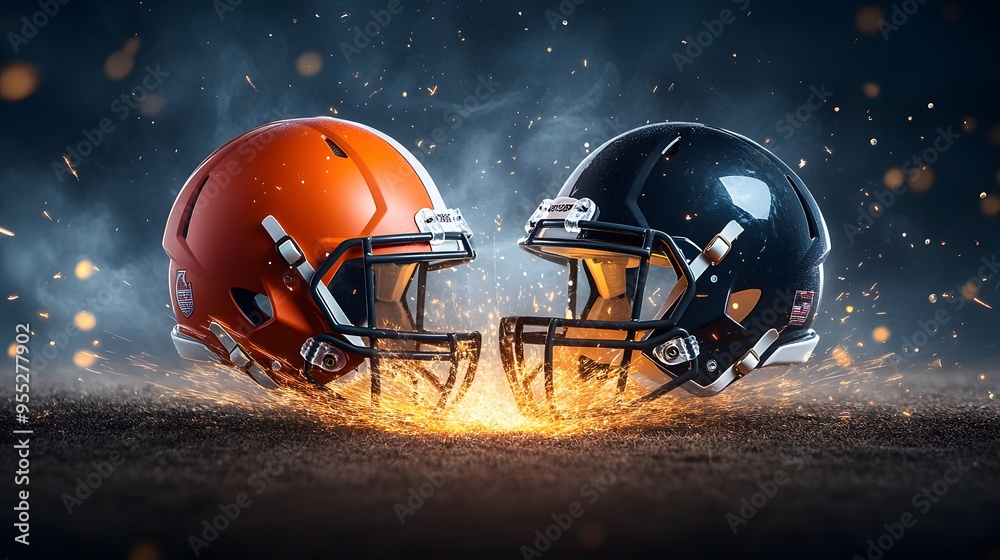 Two football helmets, one orange and the other black, colliding head-on ...