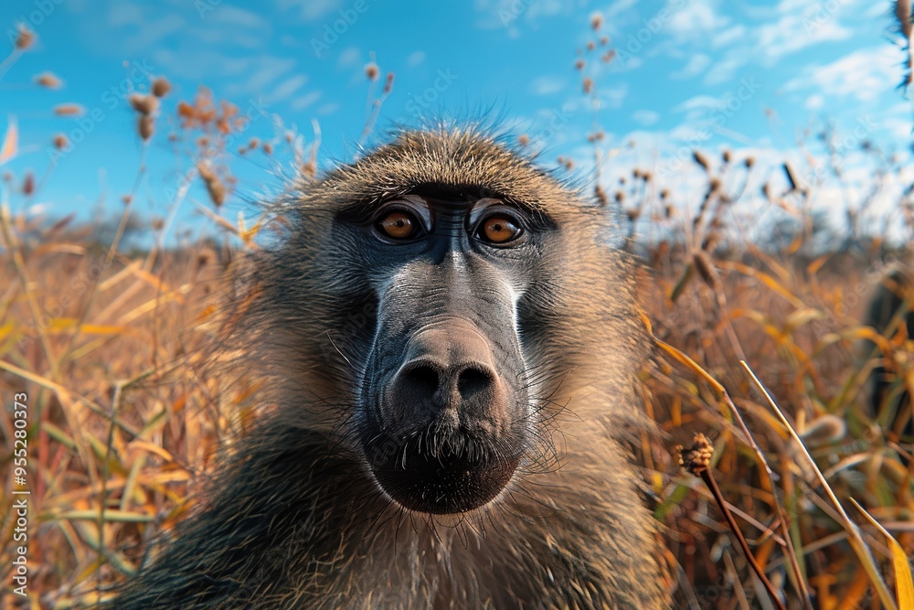 Close-up portrait of a baboon in its natural habitat showing detailed ...