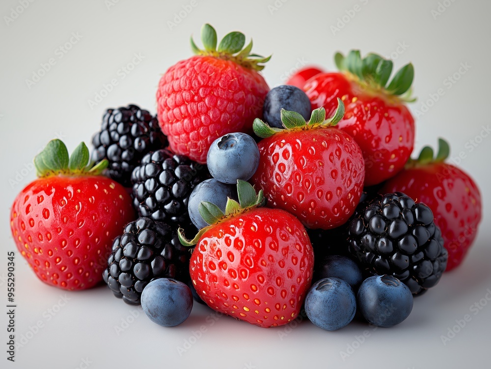 professional studio photography of a group of fruits: strawberry ...