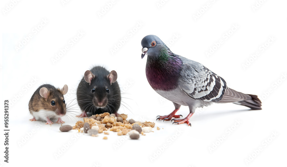 A mouse, a rat and a pigeon, pests of big cities in front of food ...
