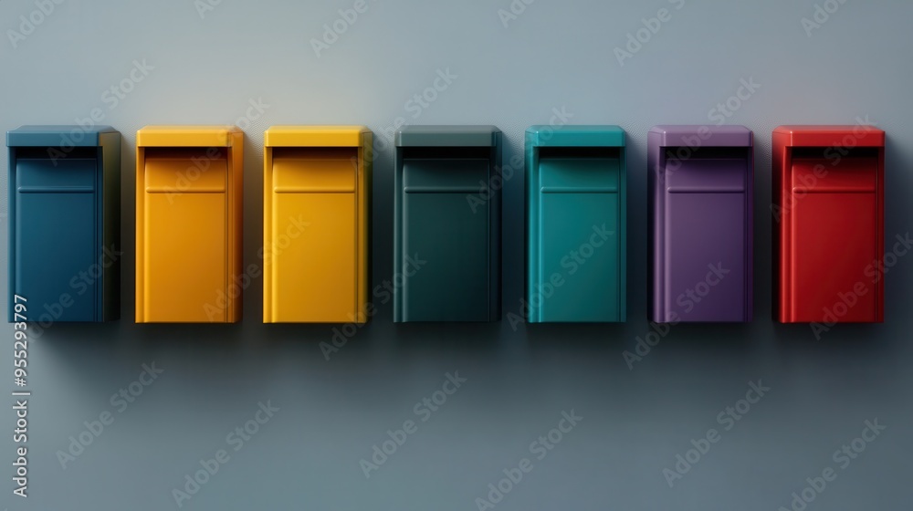 A spectrum of seven brightly colored mailboxes arranged in a line ...