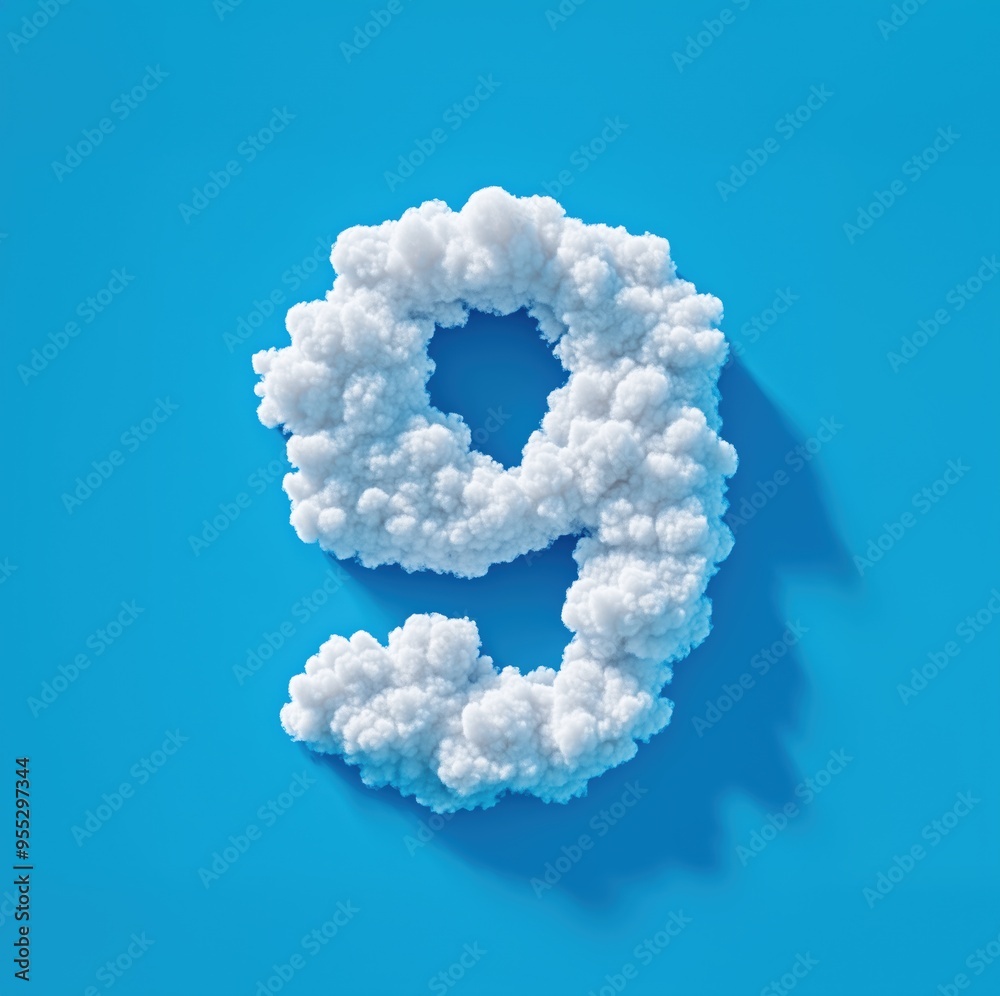 3D Cloud Number 9 on a Bright Blue Background, Puffy White Cloud Art in ...