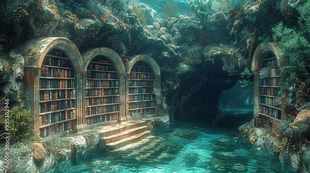 Mystical Underwater Library, a captivating deep ocean scene filled with ...