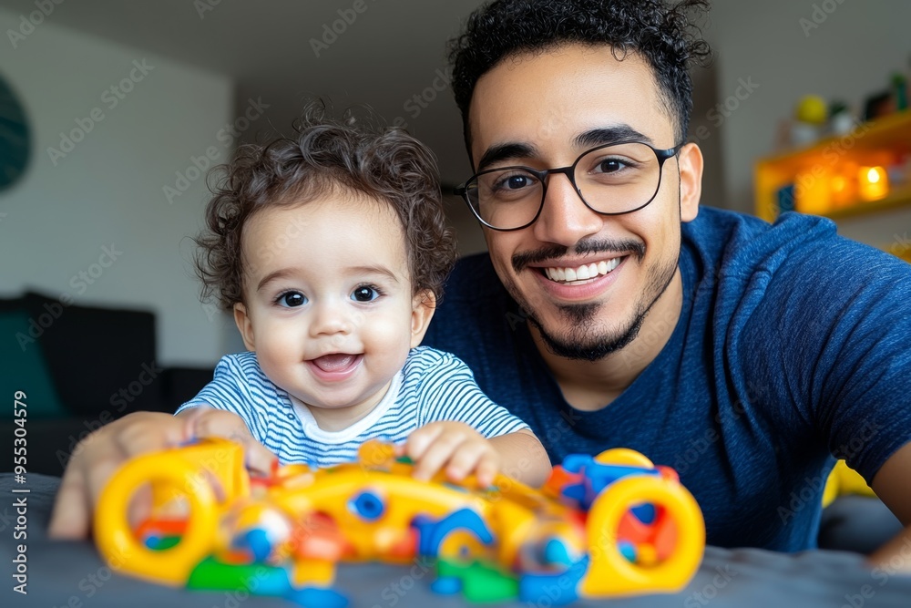 Dad playing educational games is captured in a realistic photo of a ...