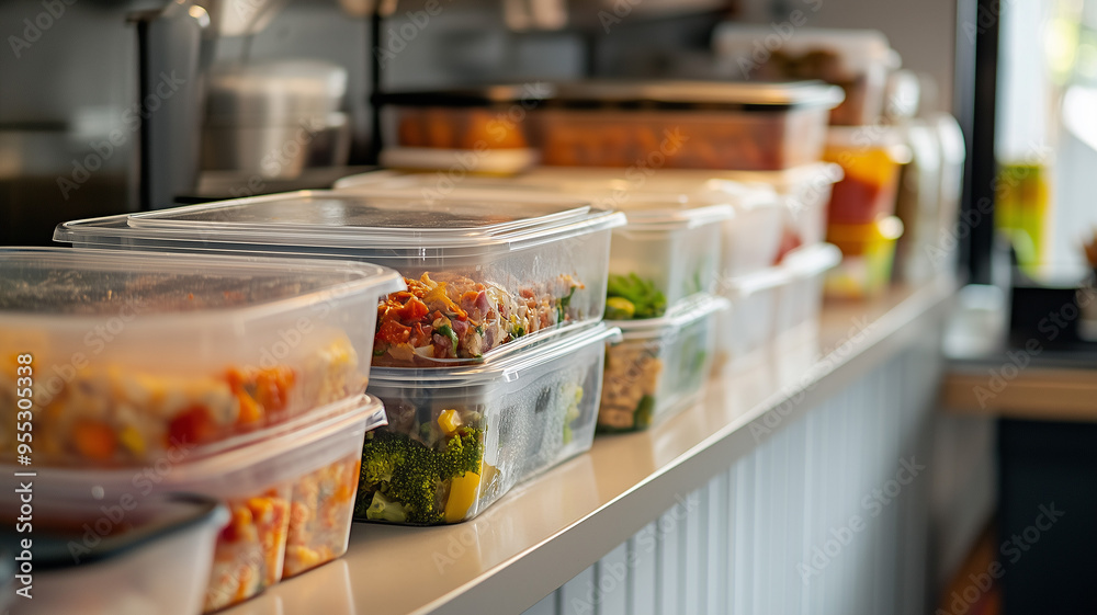 A row of plastic disposable food containers lined up on a kitchen shelf ...
