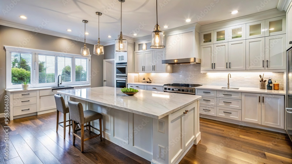 Bright kitchen with white shaker cabinets, quartz countertops, large ...