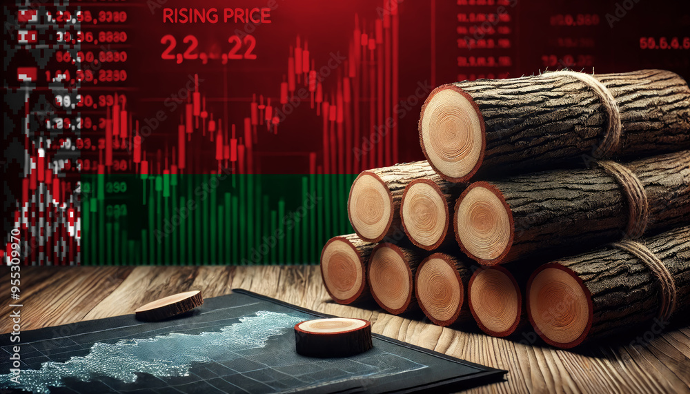 Logs neatly stacked on a table with stock market data and the Belarus ...