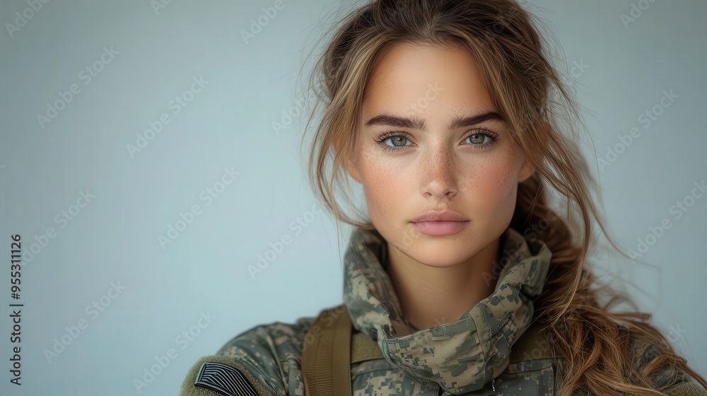 female soldier in combat gear confident pose with crossed arms studio ...