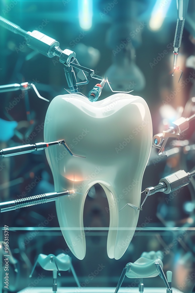 Digital graphics of a tooth with robotic arms working on it, representing dental technology ...
