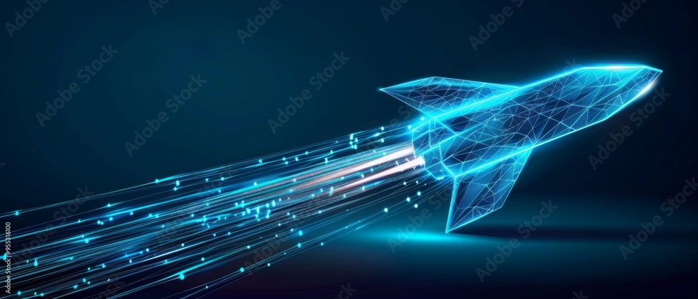 a blue digital rocket in low poly wireframe, space exploration and ...