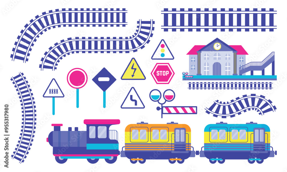 Cartoon railway elements. Steam train and wagons, rails silhouettes ...