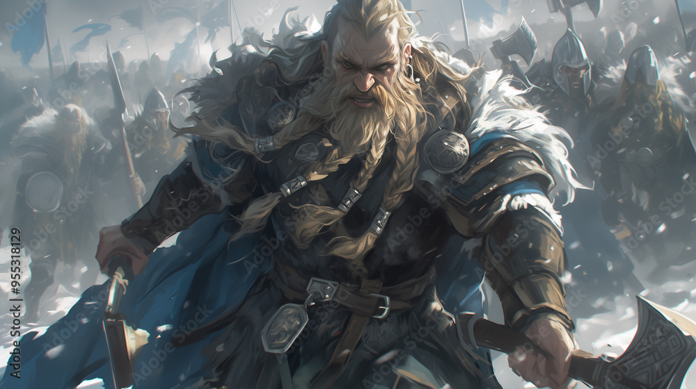 veteran dwarf warrior in full armor holding an axe on the battlefield ...