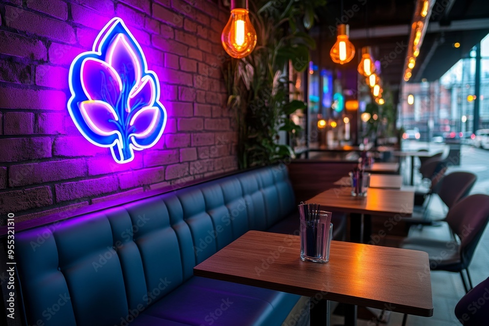 Viva Magenta neon sign in a trendy cafe, captured in a photo where a ...