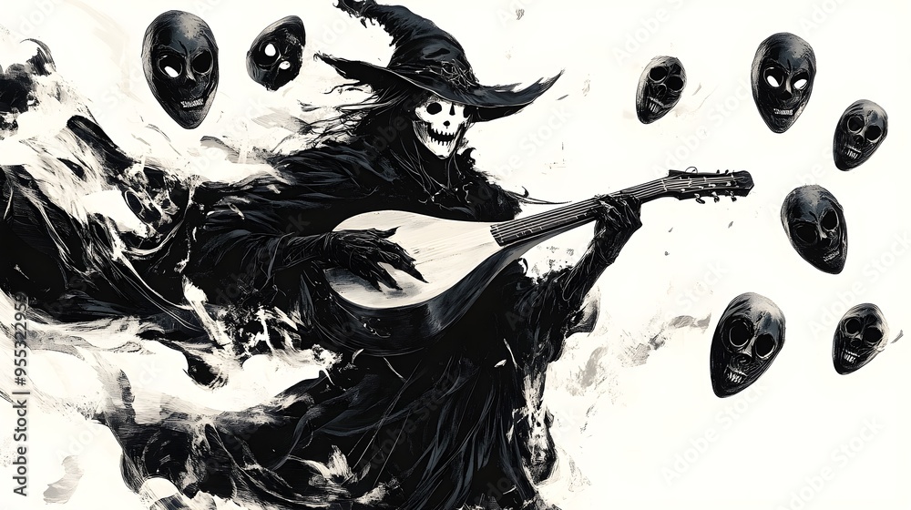 Phantom minstrel with a broken lute, surrounded by creepy Halloween ...