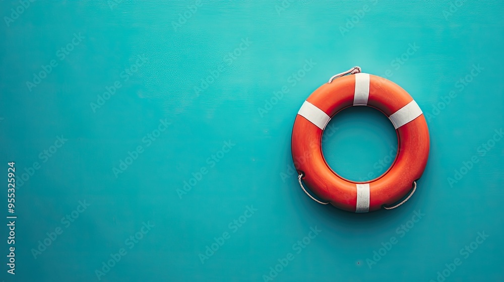 Lifebuoy seen from above on a vibrant blue background, a simple yet ...
