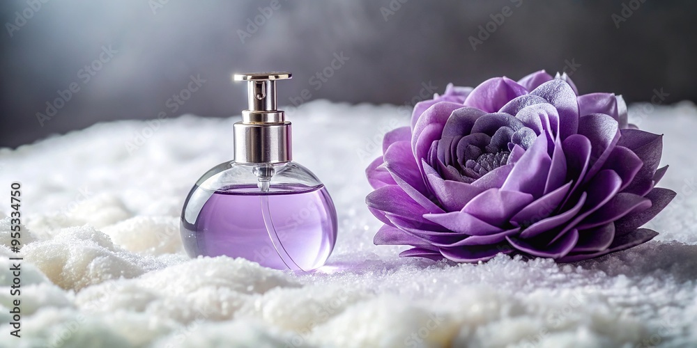 Eye level glass spray bottle of purple perfume and decorative paper ...
