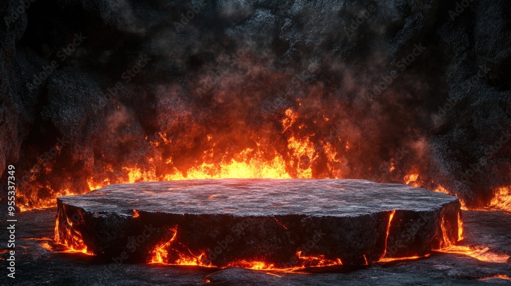 Lava erupts around a stone podium, hot magma and burning rocks creating ...