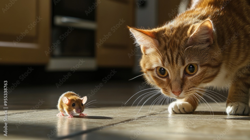 Orange tabby cat in hunting mode, eyes locked on a mouse in the kitchen ...
