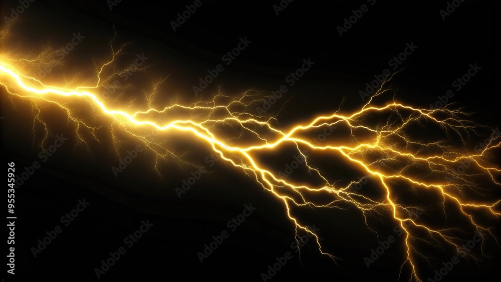 Golden lightning bolt on black background with reflection panoramic ...