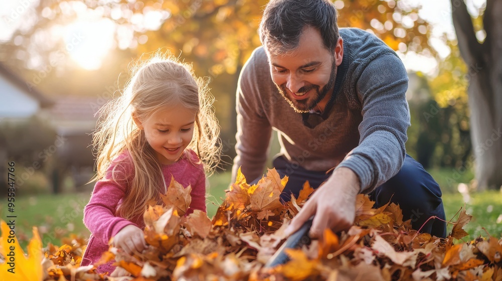 Father and daughter raking autumn leaves together creating a large pile ...