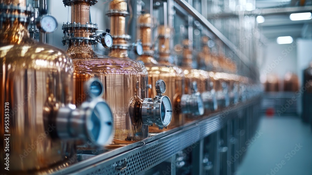 Copper stills in a distillery. A row of shiny copper stills lined up ...
