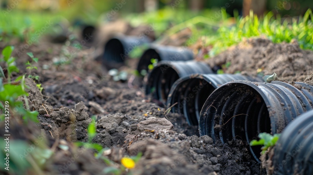 Stormwater management. Plastic sewage pipes installed underground to ...