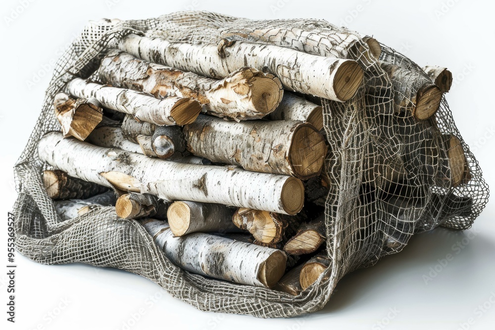 Birch logs neatly stacked inside a mesh bag, suitable for stock photos ...
