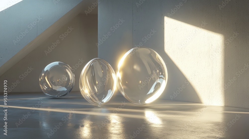 An abstract composition of floating glass cycles with internal glows ...