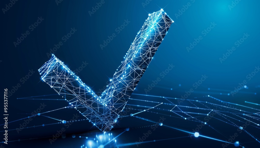 a digital check mark icon in low poly wireframe, task management and ...