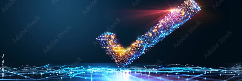 a digital check mark icon in low poly wireframe, task management and ...