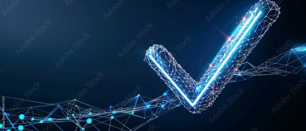 a digital check mark icon in low poly wireframe, task management and ...