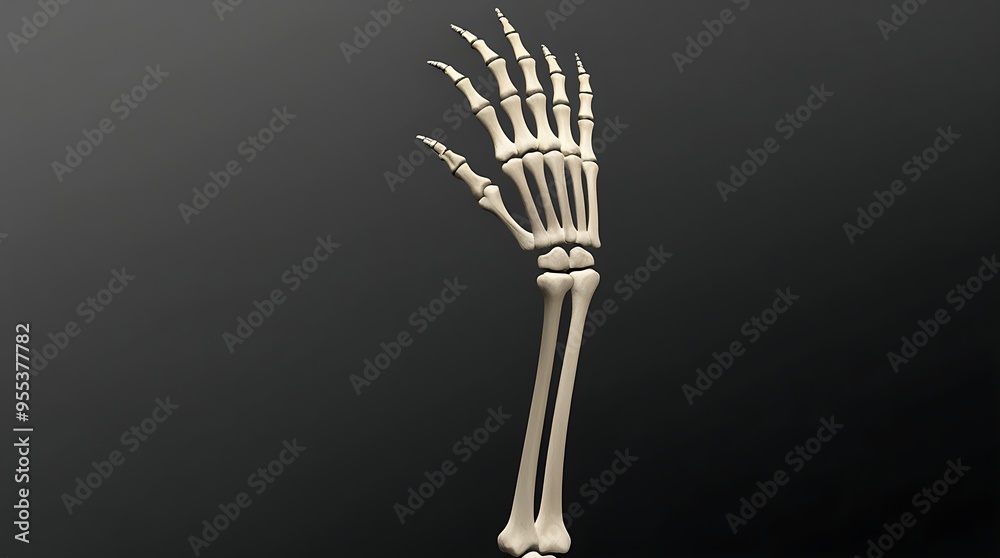 Human forearm and hand bones shown in detailed anatomical pose ...